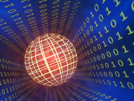 Binary code stream, glowing wireframe sphere. CG illustration. - Stock Image - Everypixel