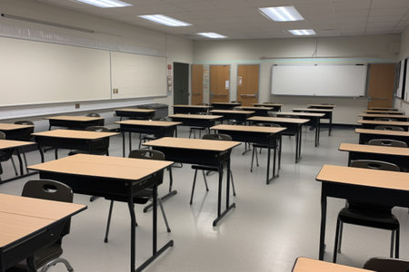 an empty classroom with rows of desks, ready for students to arrive and start learning, created ...