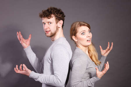 Negative emotions concept. People in fight. Husband and wife arguing and yelling on each other ...