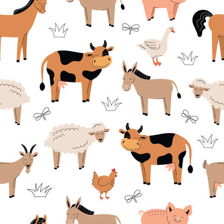 Seamless pattern with cute farm animals on a white background. Cow ...