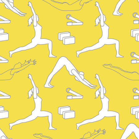 Seamless pattern with women in yoga poses, blocks, belt for yoga. Relax ...