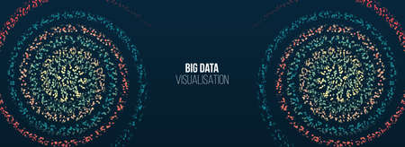 Big data visualization banner. Abstract background with circles array, binary code. Connection ...