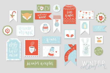 Winter collection of cards and gift tags set, cute hand drawn style ...