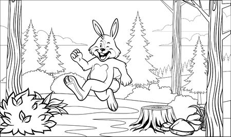 coloring page of happy rabbit running at the forest - Stock Image ...