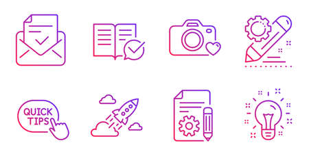 Approved mail, Quick tips and Approved documentation line icons set. Documentation, Photo camera ...