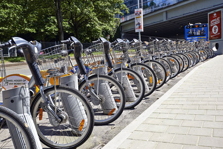 BRUSSELS, BELGIUM - JULY 16, 2014:City Bike docking station in Brussels city. Villo Bike is a ...