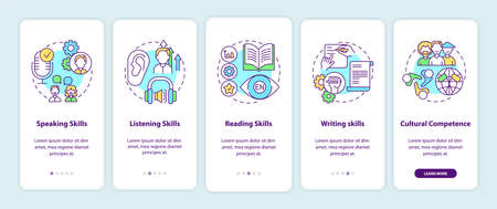 Language learning competences onboarding mobile app page screen with concepts. Speaking, reading ...