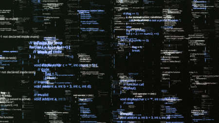 Computer background with many program codes. Animation. Animation of virtual space with flying ...