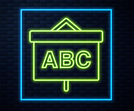 Glowing neon line Chalkboard icon isolated on brick wall background ...