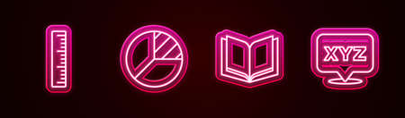 Set line Ruler, Pie chart infographic, Open book and XYZ Coordinate system. Glowing neon icon ...