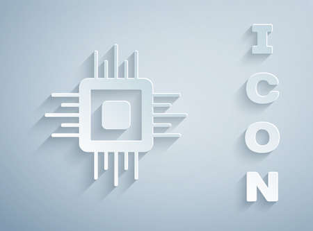 Paper cut Computer processor with microcircuits CPU icon isolated on grey background. Chip or ...