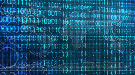 Digital Technology World Map Gear Binary Code Background. Analytics Source Code Program ...