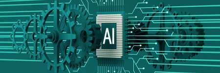 Artificial intelligence web banner. of a processor chip. The process of data processing ...