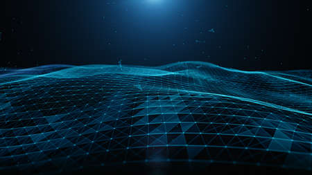 Abstract blue digital particles, lines and dots connection wave flow, Digital data network ...