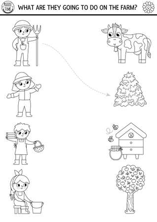 Black and white farm matching activity with cute farmers, chores ...