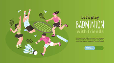 Isometric badminton horizontal banner with characters of players with ...