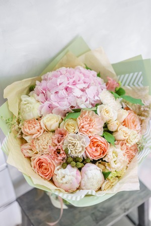 beautiful spring bouquet. flower arrangement with hydrangea and peonies ...