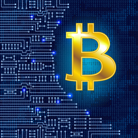 Virtual symbol of the coin bitcoin on binary code background and electronic circuit. Crypto ...