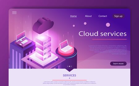 High technology concept, data center, cloud data storage isometric vector. Cloud computing ...