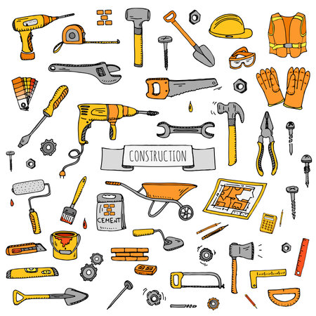 Hand drawn doodle Construction tools set Vector illustration building ...