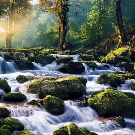 Beautiful 3D Nature and landscape wallpaper of a waterfall in a forest with sun ray pc ...