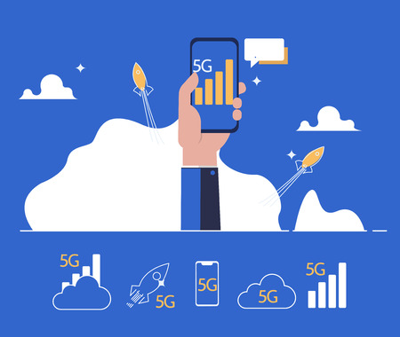 5G Internet connection with rocket. Mobile phone in hand. Network system in clouds - Stock Image ...