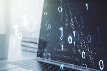 Creative abstract binary code hologram on modern computer background, AI and machine learning ...