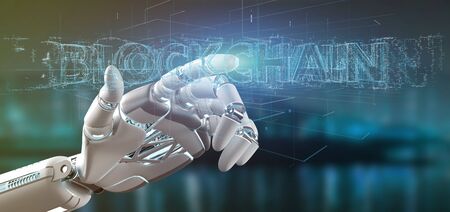 View of a Cyborg hand holding a Blockchain title 3d rendering - Stock Image - Everypixel