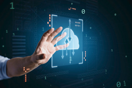 Close up of male hand using digital cloud computing hologram on blurry background. Cloud data ...