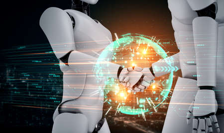 3D rendering humanoid robot handshake to collaborate future technology development by AI ...
