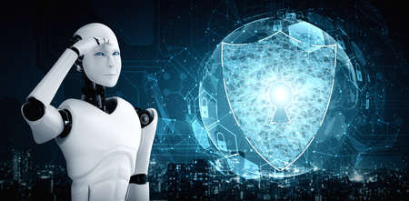 AI robot using cyber security to protect information privacy . Futuristic concept of cybercrime ...