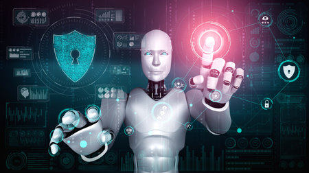 AI robot using cyber security to protect information privacy . Futuristic concept of cybercrime ...