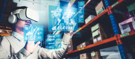 Future virtual reality technology for innovative VR warehouse management . Concept of smart ...