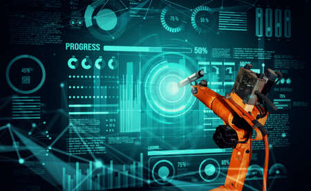 Robot arm AI analyzing mathematics for mechanized industry problem solving . Concept of robotics ...