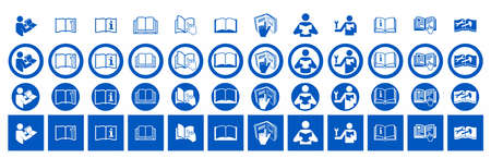 Set of Refer to instruction manual signs. Vector illustration of circular blue signs with hand ...