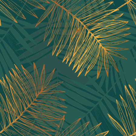 Golden tropical leaves drawing seamless pattern. Abstract Palm leaf line art, silhouette on ...