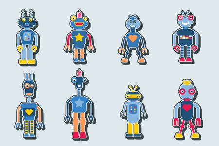 Robot vector sticker collection. Cute retro toy robots illustration set ...