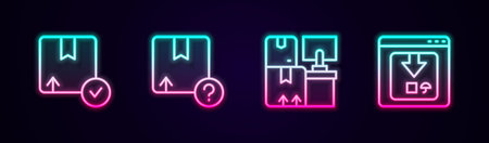 Set line Carton cardboard box, Warehouse with boxes and Online app delivery tracking. Glowing ...