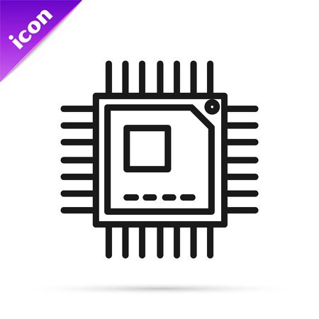 Black line Computer processor with microcircuits CPU icon isolated on white background. Chip or ...