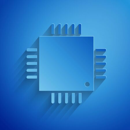 Paper cut Computer processor with microcircuits CPU icon isolated on blue background. Chip or ...