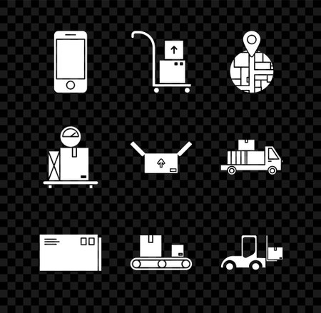 Set Mobile phone with app delivery tracking, Hand truck and boxes, , Envelope, Conveyor belt ...