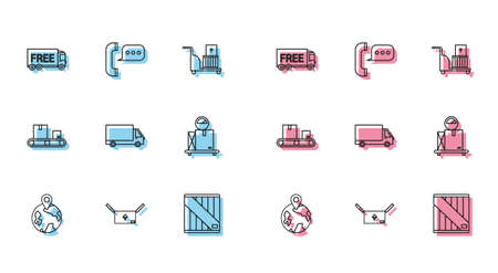 Set line Worldwide, Cardboard box with traffic symbol, Free delivery service, Wooden, Delivery ...