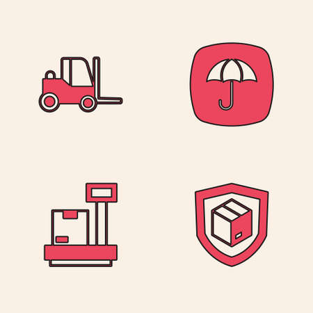 Set Delivery security with shield, Forklift truck, package umbrella and Scale cardboard box icon ...