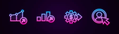 Set line Financial growth, , Gear with dollar and Create account screen. Glowing neon icon ...