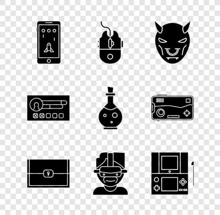 Set Mobile and playing in game, Mask of the devil with horns, Chest for, Virtual reality glasses ...