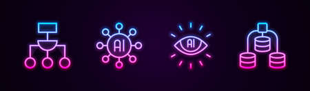 Set line Algorithm, Neural network, Artificial intelligence AI and Server, Data. Glowing neon ...