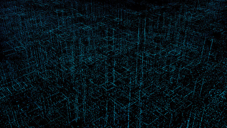 Abstract digital hologram 3D illustration of city with futuristic matrix. Digital buildings with ...