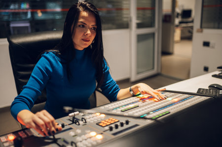 Beautiful middle aged beautiful woman working on a tv station as a ...