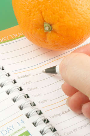 writing in a diet and nutrition journal with orange to the side - Stock ...