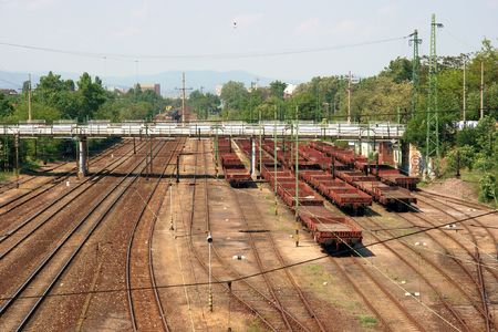 Railway track system with freight trains - Stock Image - Everypixel